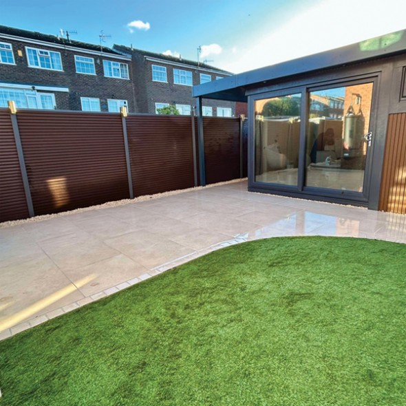 Dark Oak Slatted Composite Fencing | Paving Stones Direct